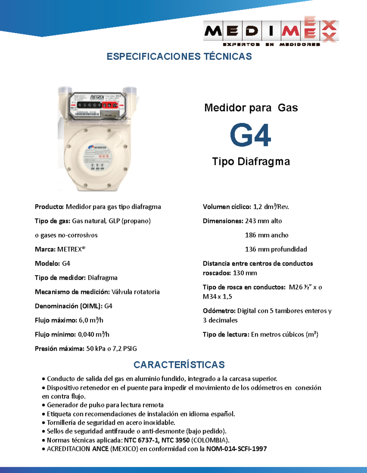 Metrex-Ficha G4 - Ficha de Metrex - ESPECIFICACIONES TÉCNICAS Medidor para Gas Tipo Diafragma G ...