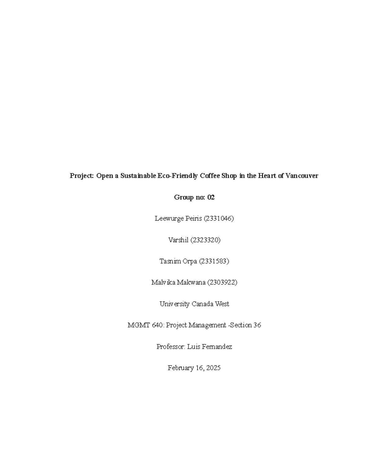 MGMT 640: Sustainable Coffee Shop Project Proposal - Group 02 - Studocu