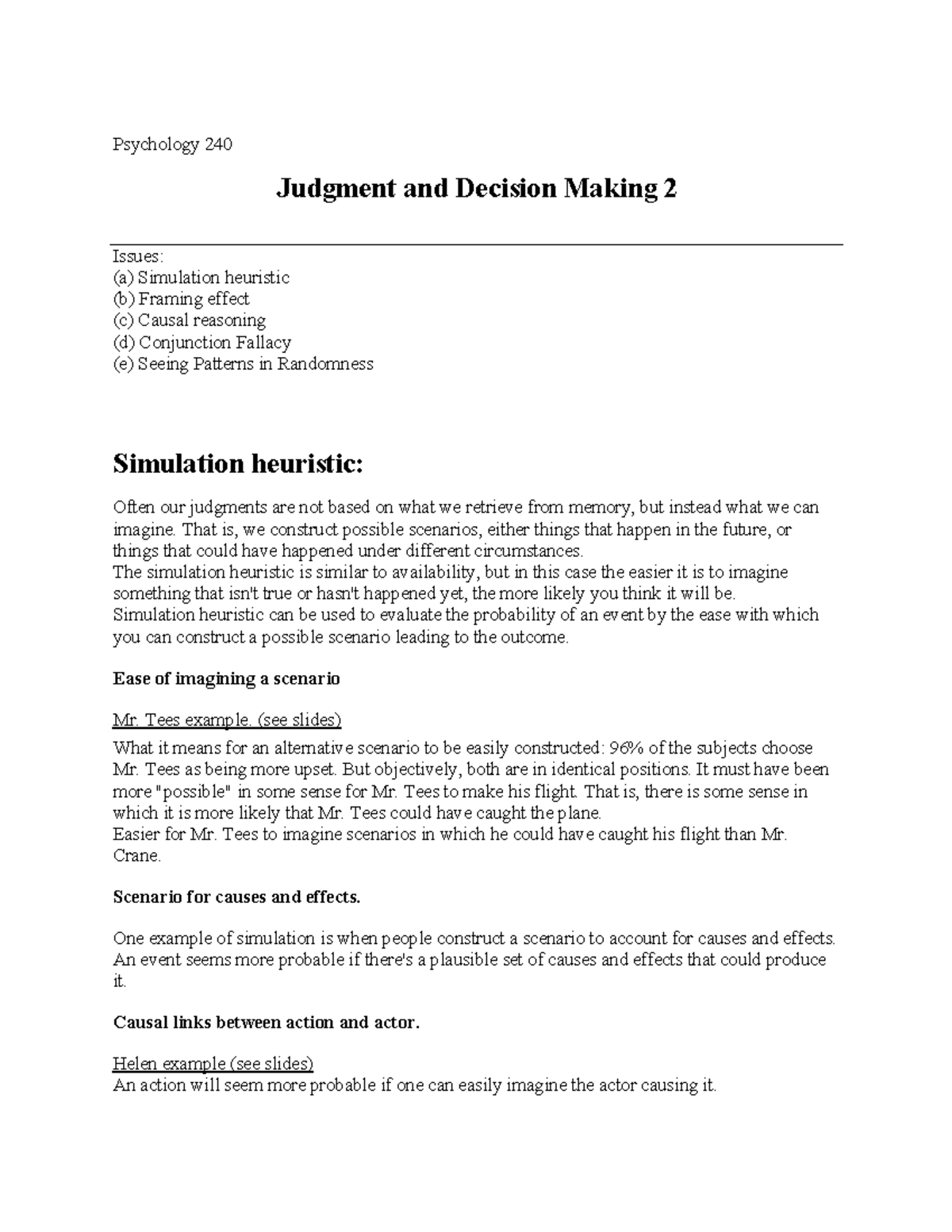 Psychology 240 Lecture Notes: Judgment and Decision Making II ...