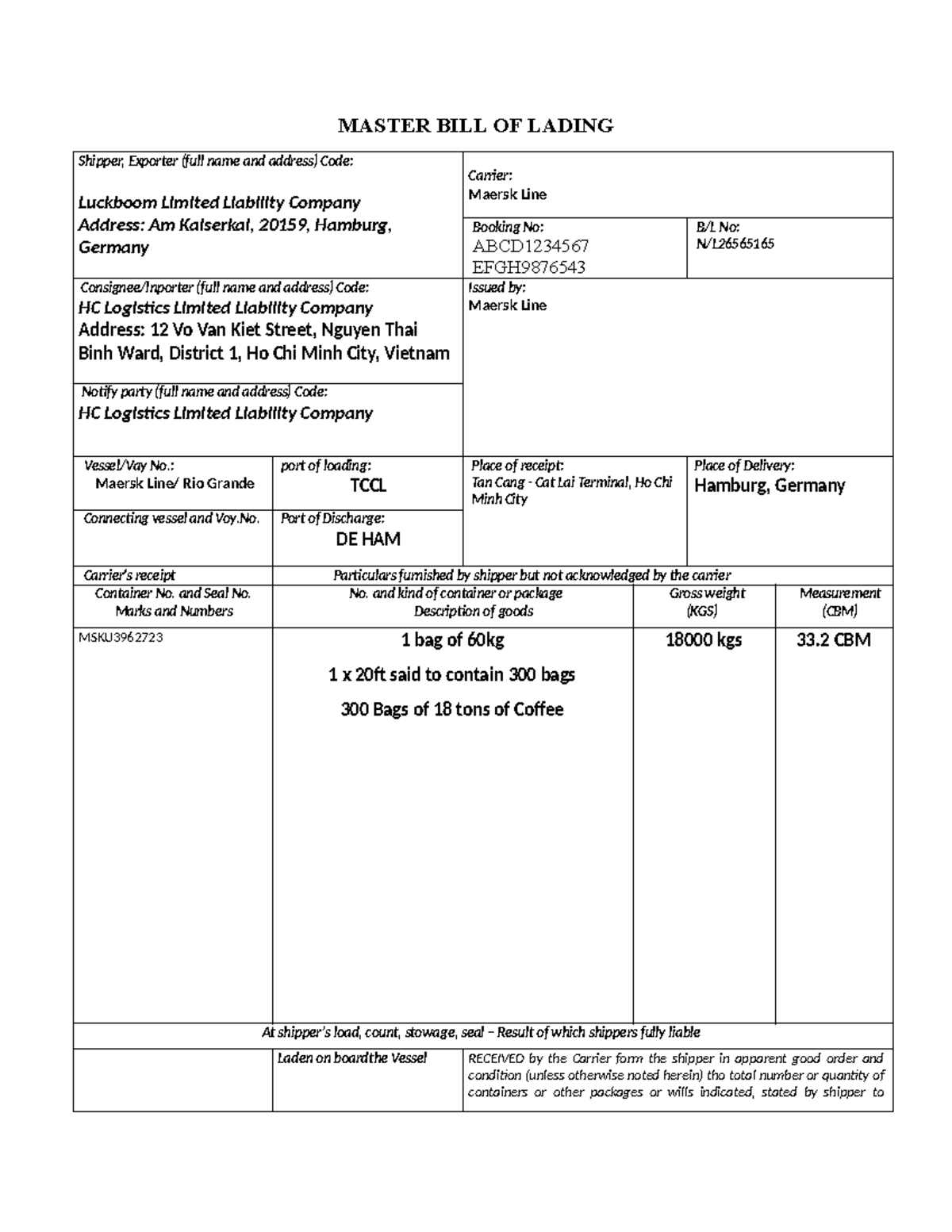 Master Bill of Lading & House Bill for Maersk Shipment - Studocu