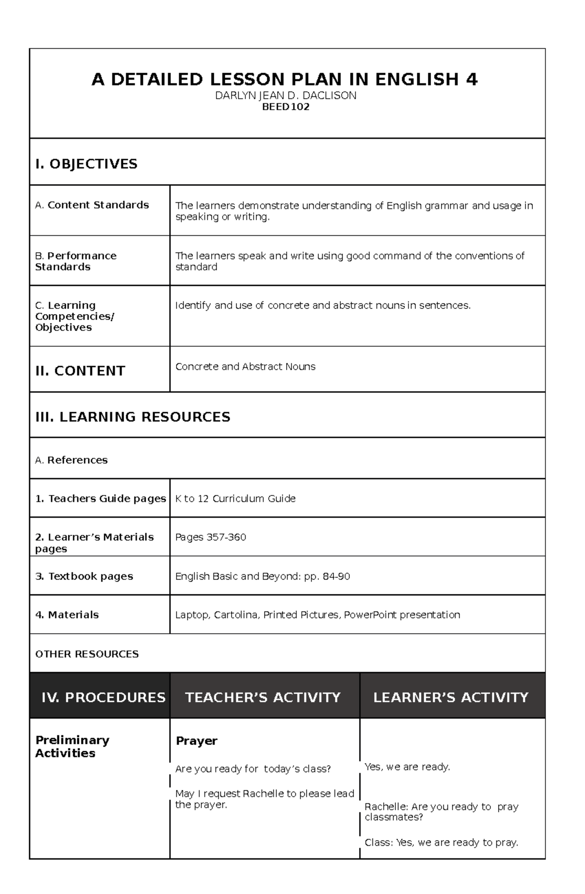 Final A Comprehensive Lesson Plan for English 4 - Studocu