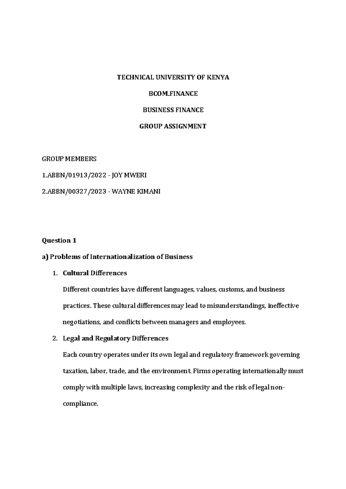 Finance Group Assignment - TECHNICAL UNIVERSITY OF KENYA BCOM BUSINESS ...