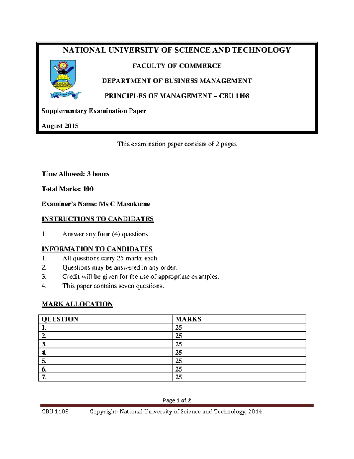 CBU 1108 Principles of Management Supplementary Exam Paper 2015 - Studocu