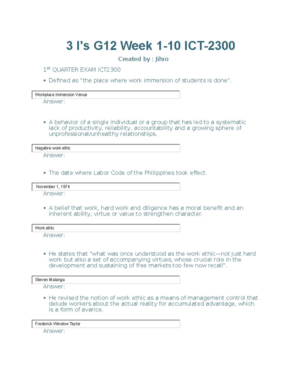 3 I's ICT-2300 Week 1-10 1st Quarter Examination by Jihro - 3 I's G12 ...