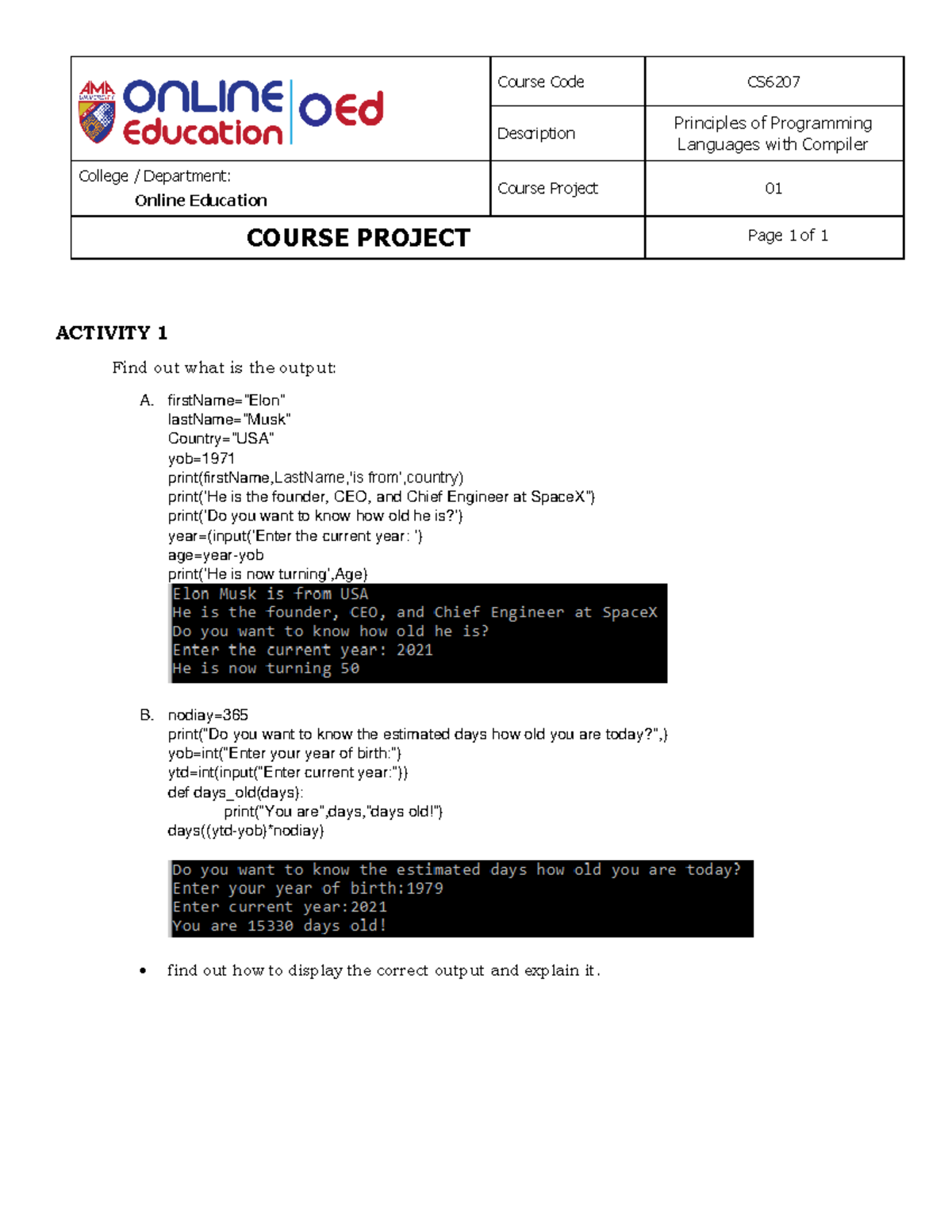 Course Project CS6207: Principles of Programming Languages Output ...