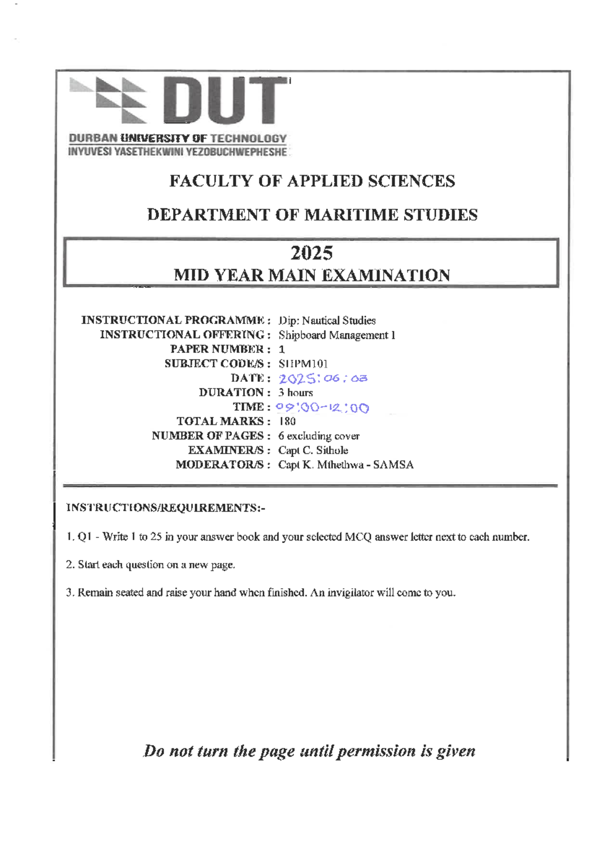 2025 MID YEAR MAIN EXAM SHPM101: Shipboard Management Question Paper ...