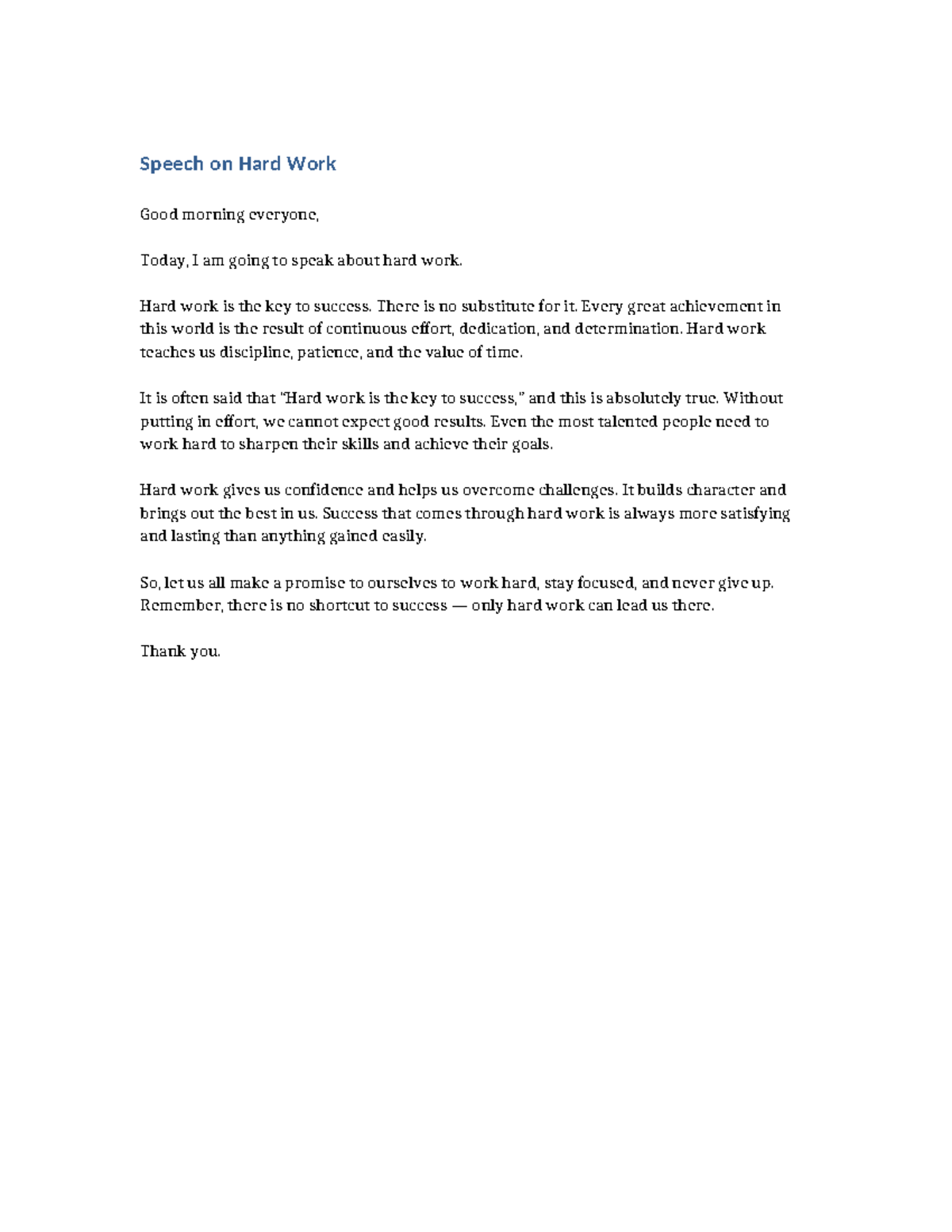 Speech on Hard Work: The Key to Success - Studocu