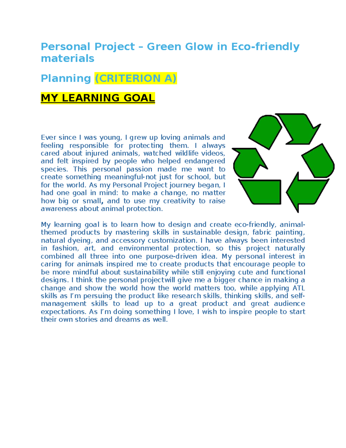 Personal Project Report: Green Glow in Materials Planning (CRITERION A ...