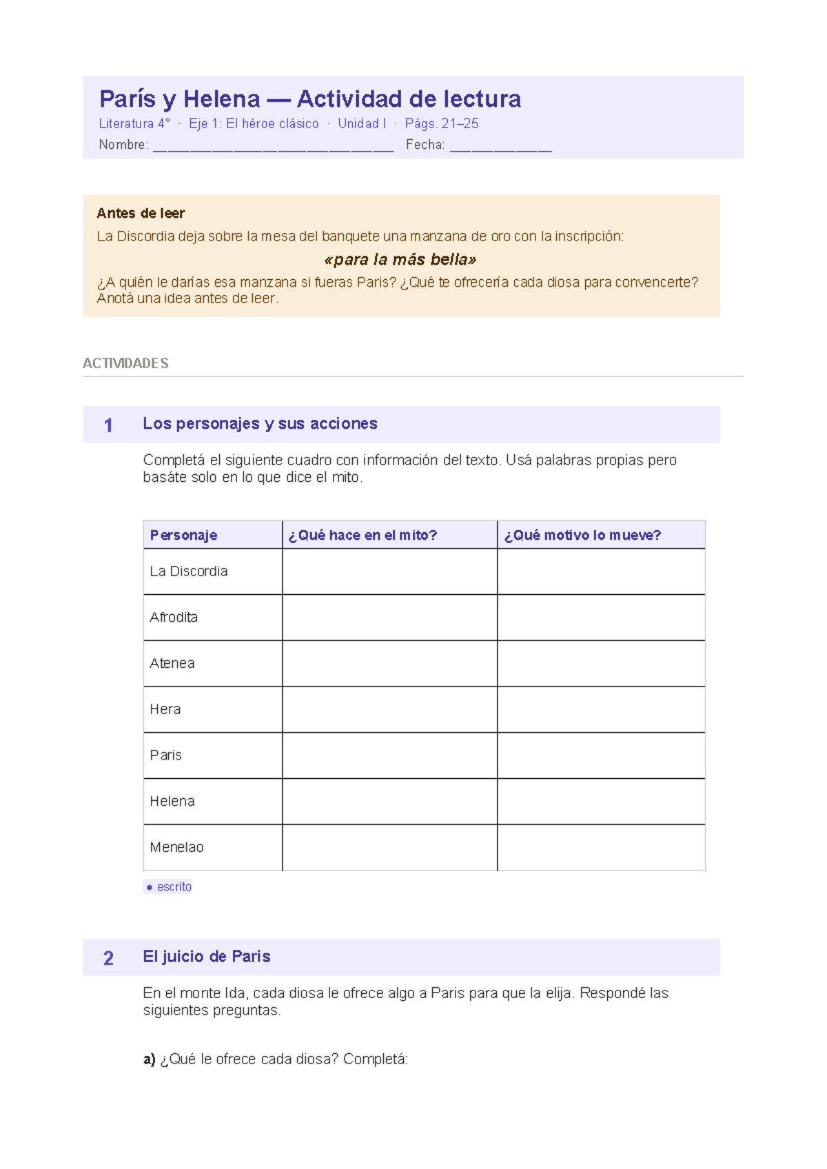 París y Helena: Actividades de Lectura - TP de Mito 4to Final - Studocu