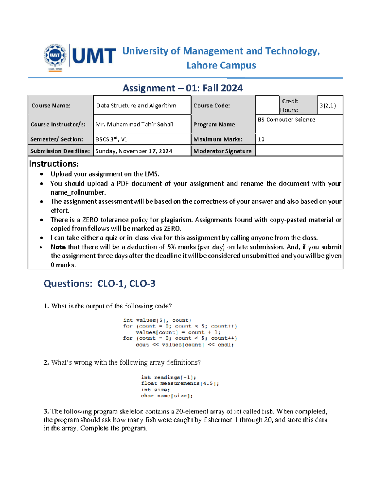 DS Assignment 01 - DSA Practice Questions for BSCS V1 Fall 2024 - Studocu