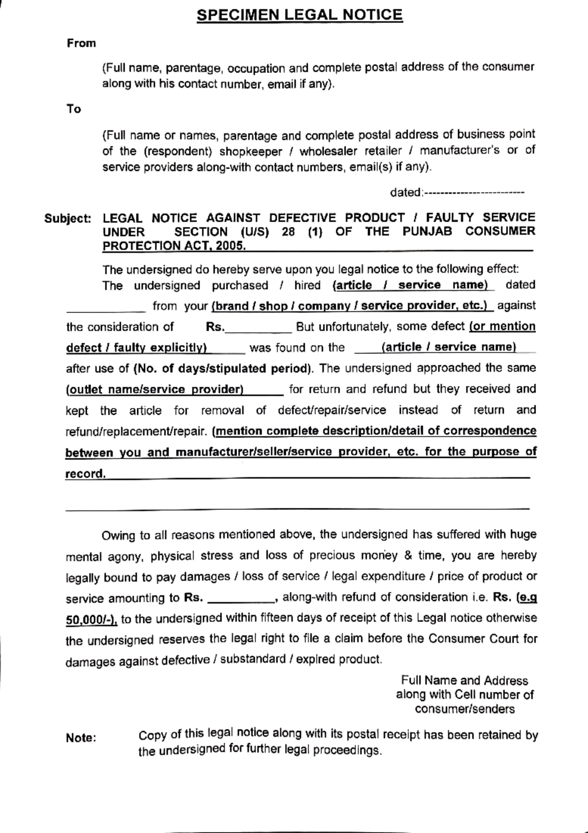 Legal notice English guidelines and sample - SPECIMEN LEGAL NOTICE From ...