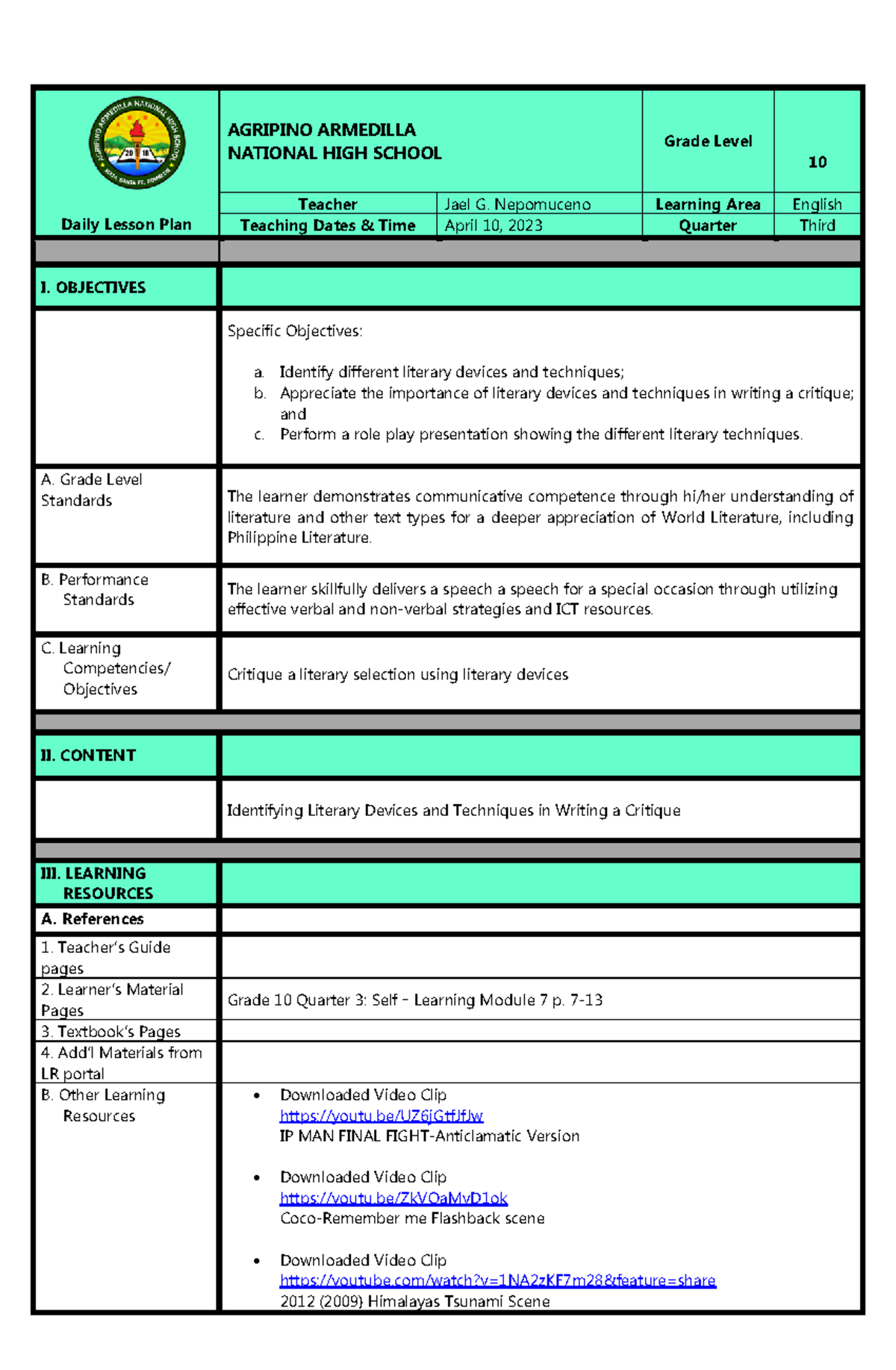 English DLP for Grade 10 - Daily Lesson Plan AGRIPINO ARMEDILLA ...