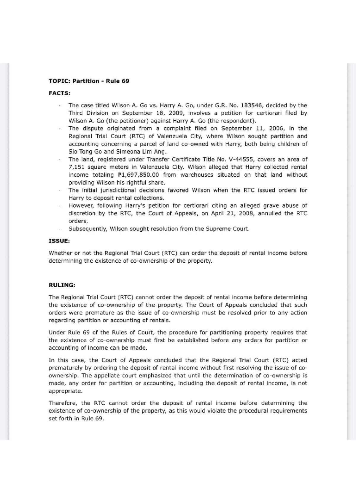 Partition Rule 69 Case Study: Go vs. Go (G.R. No. 183546) - Studocu