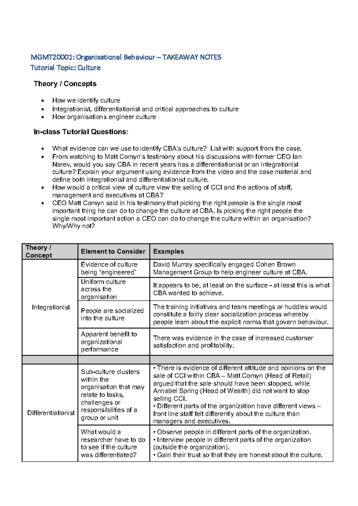Organisational Behaviour Tutorial 10 Notes: Culture Theory Concepts ...