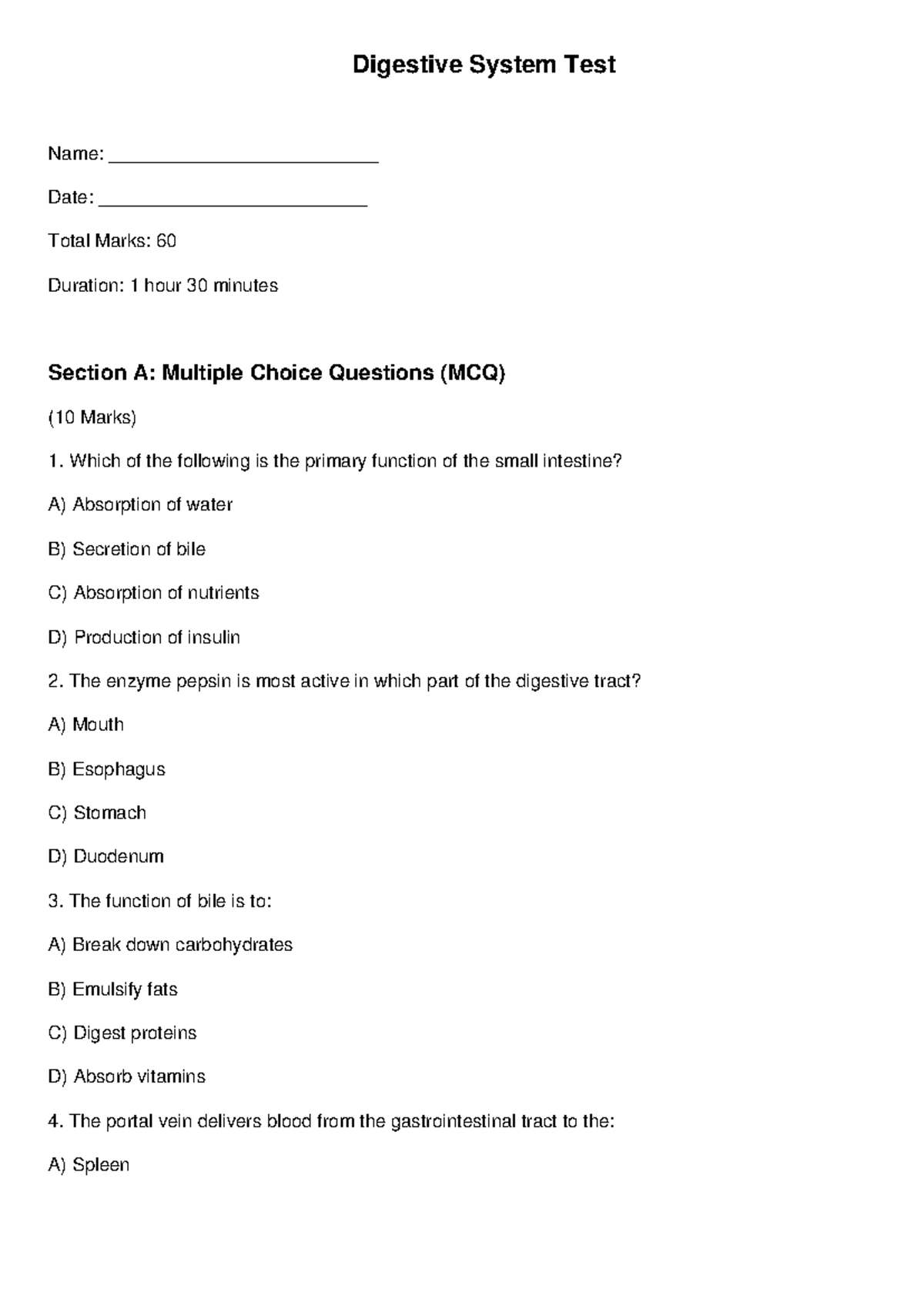Digestive System Test - MCQs & Extended Response Questions - Studocu