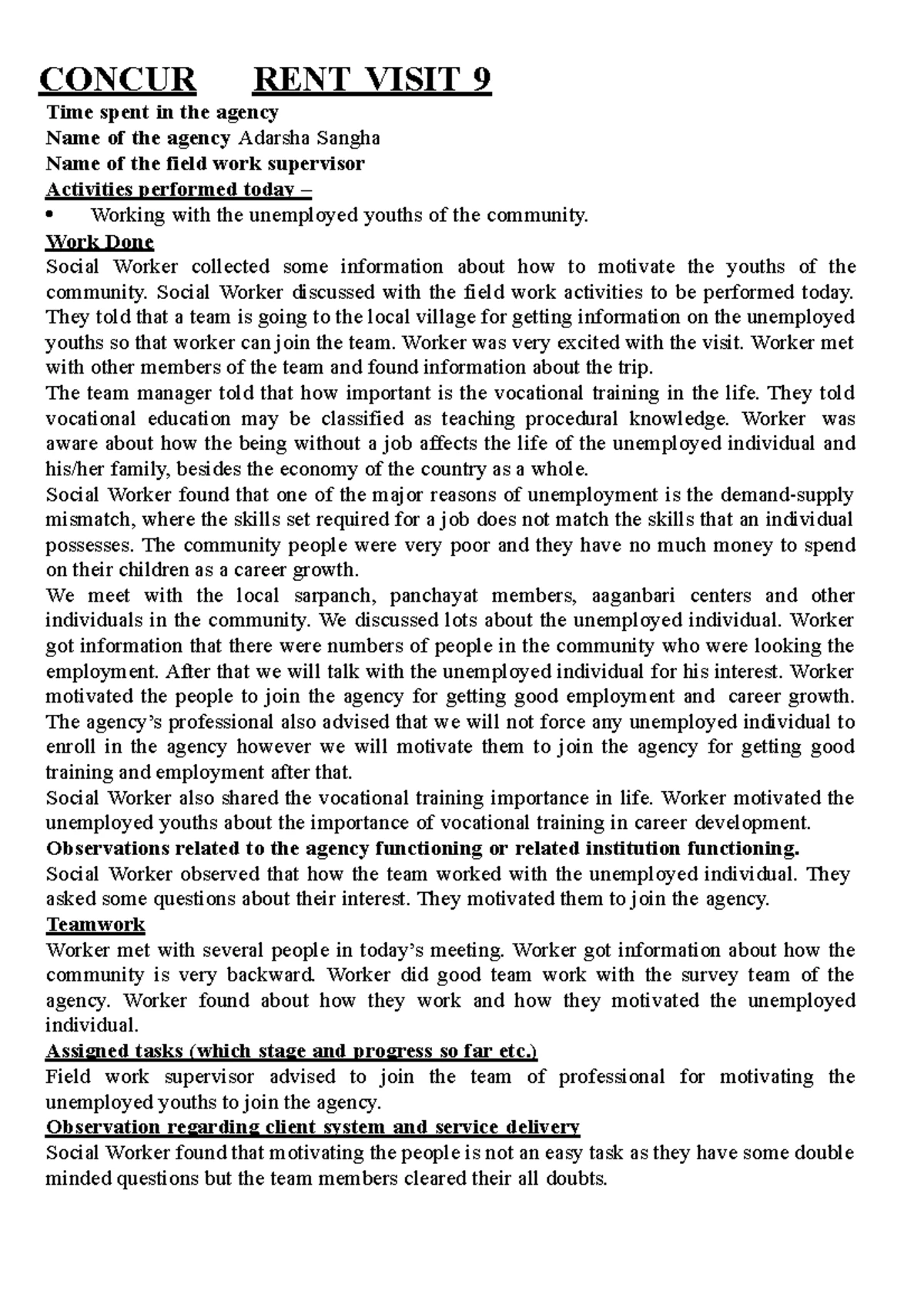 Concurrent Field Work Visits Report - Social Work FWS 101 - Studocu