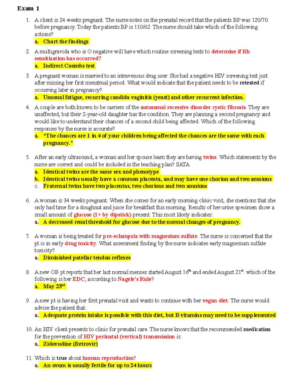 OB 101 Exam 1 & 2 Practice Questions for Nursing Students - Studocu