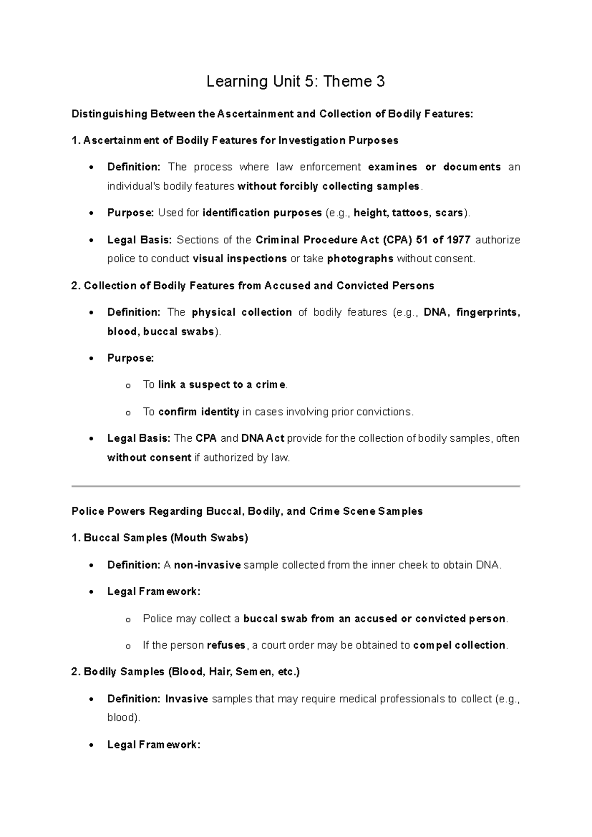 Learning Unit 5: Theme 3 - Ascertainment vs Collection of Bodily ...