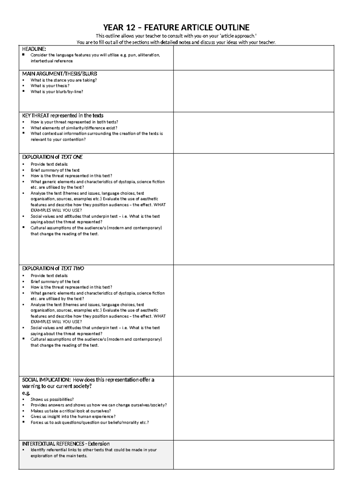 IA1 Feature Article Planner 2024 - YEAR 12 – FEATURE ARTICLE OUTLINE ...