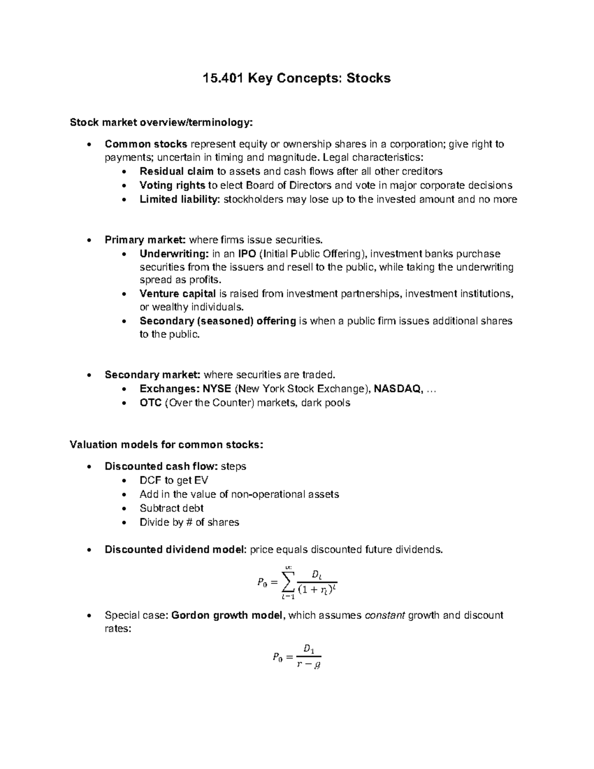 15.401 Key Concepts: Stocks and Market Fundamentals - Studocu