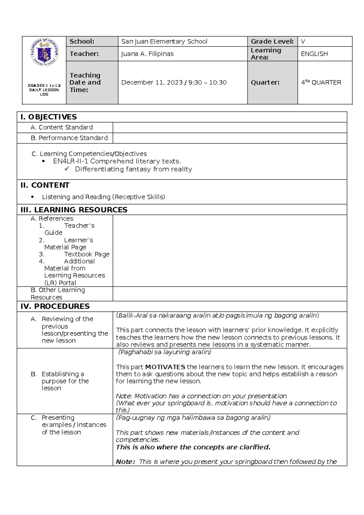 Daily Lesson Log for English (Grades 1-12) - San Juan Elementary - Studocu