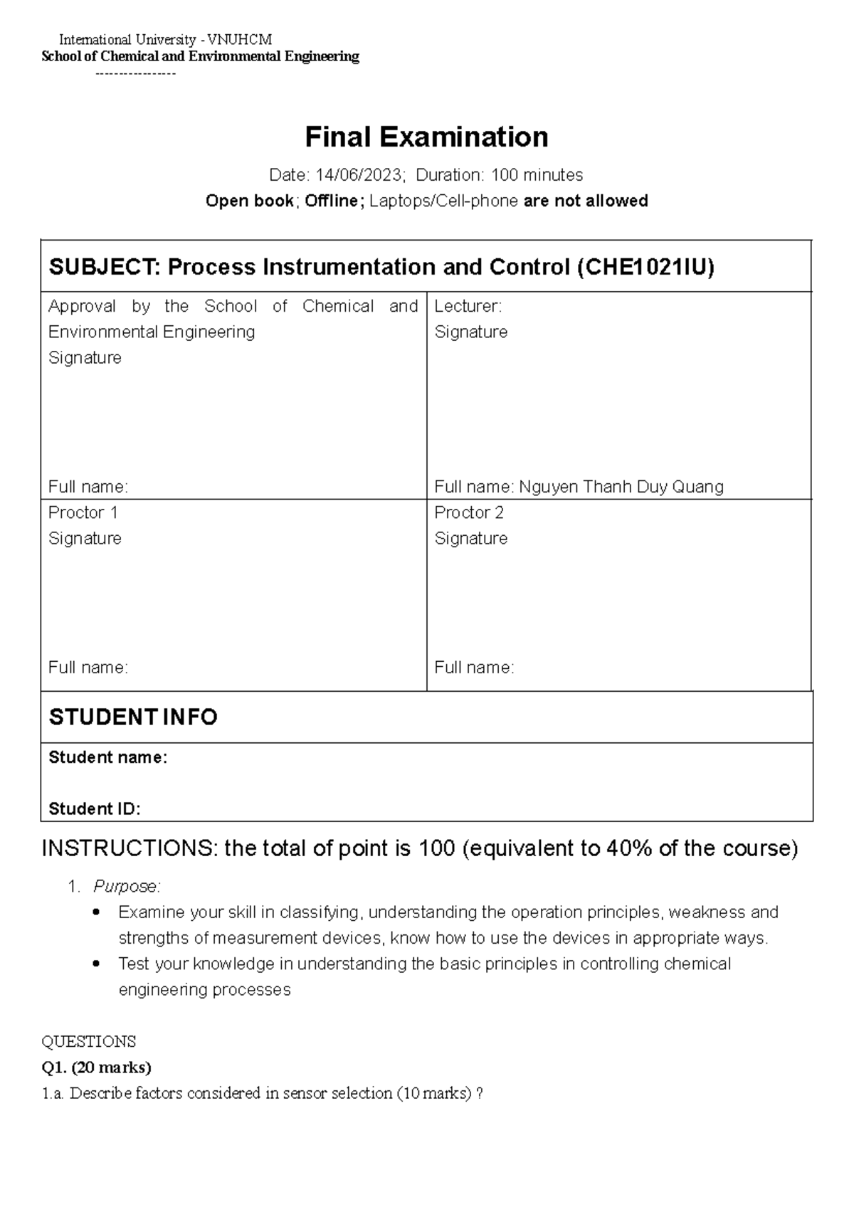 Final Exam Solutions for Process Instrumentation and Control (CHE1021IU ...