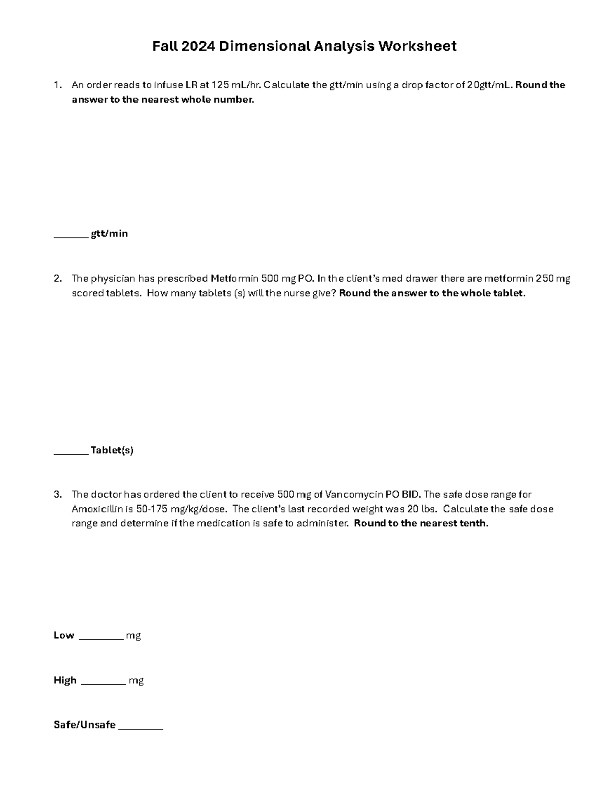 Dimensional Analysis Worksheet (Fall 2024) for Medication Dosing - Studocu