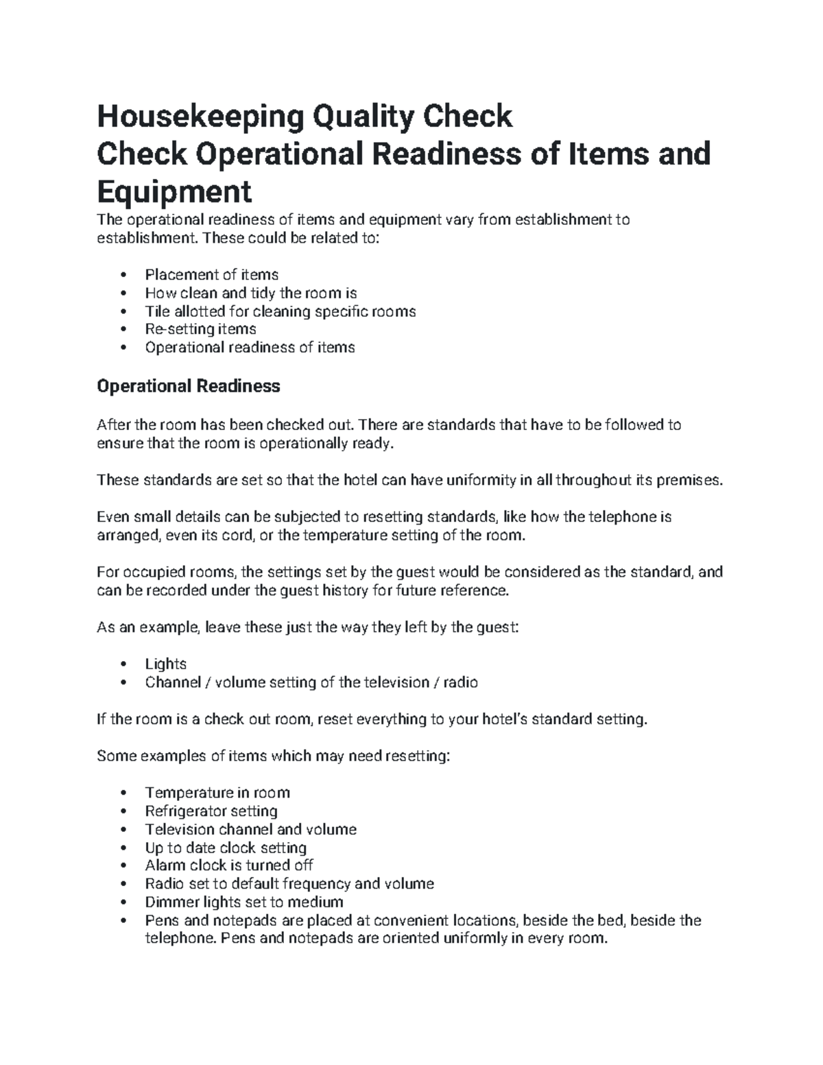 Housekeeping Quality Check: Ensuring Operational Readiness of Rooms ...