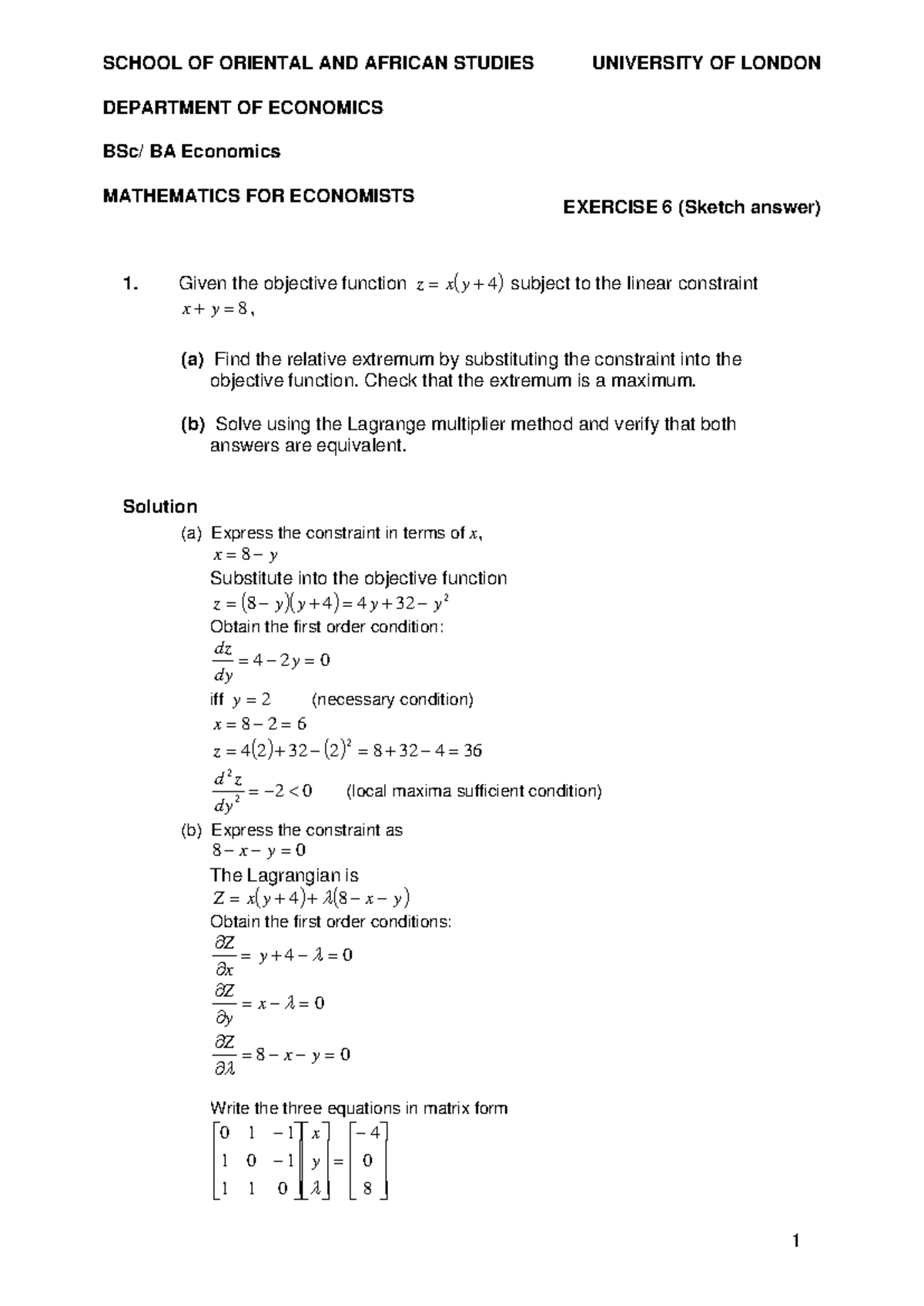 BA Economics: Mathematics for Economists 1 - Exercise 6 Solutions - Studocu