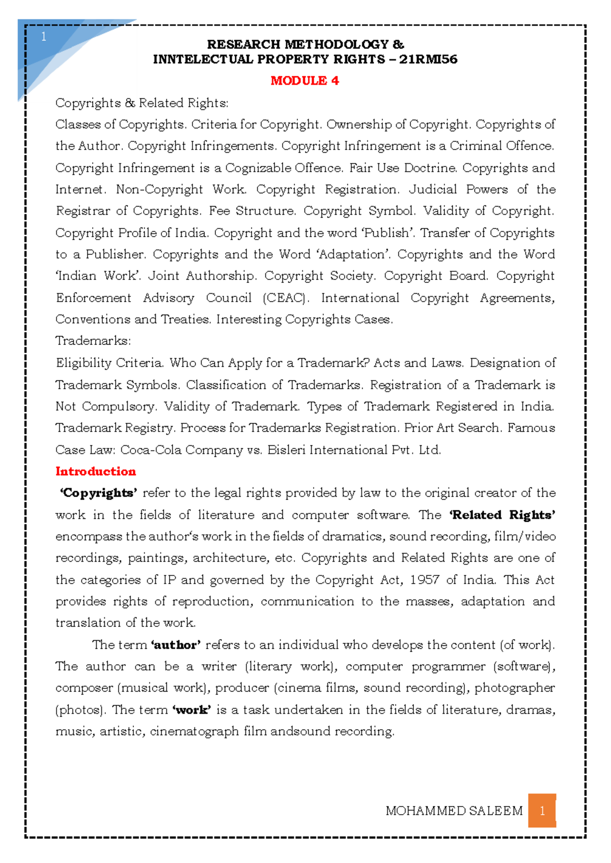 Research Methodology in Intellectual Property Rights 21RMI56 ...