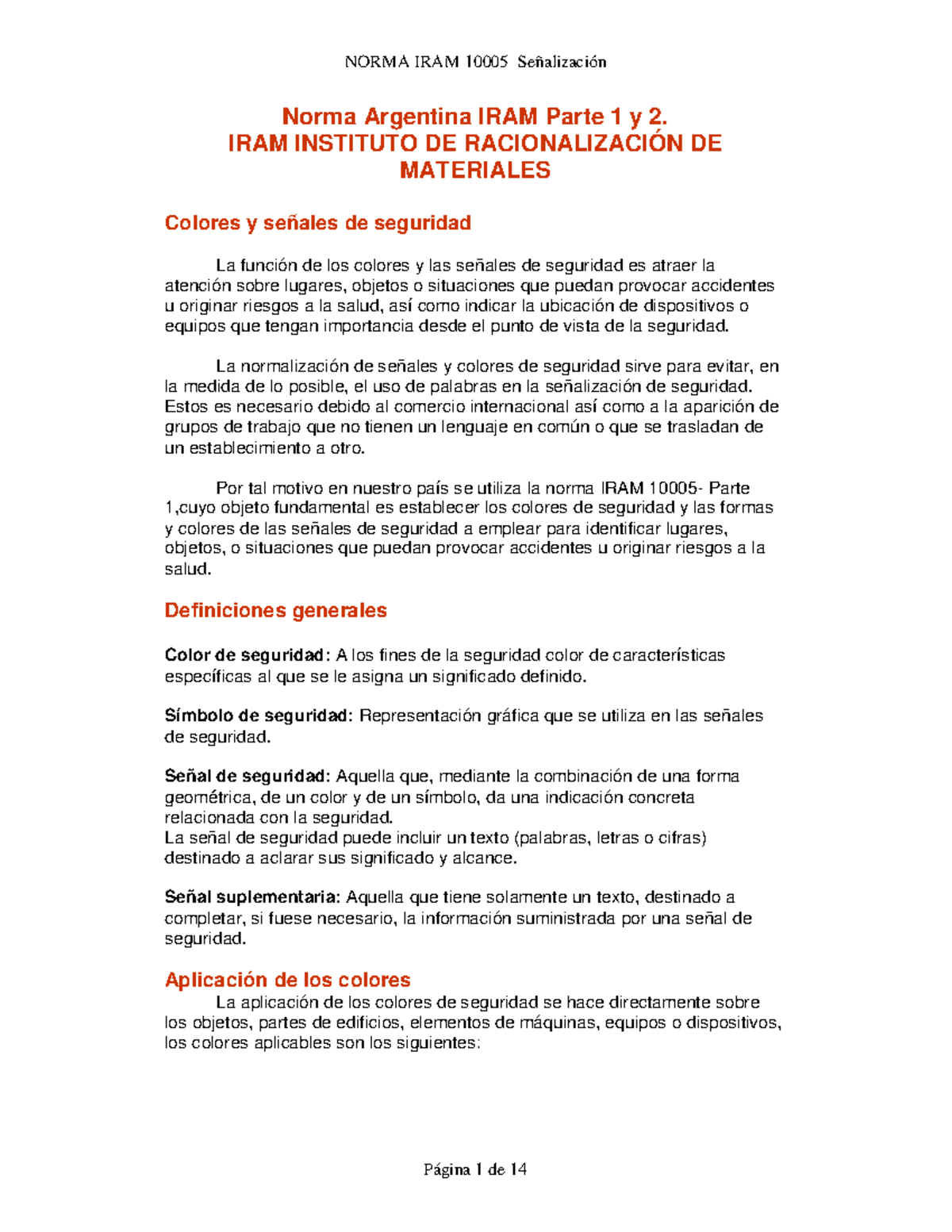 IRAM 10005 - Colores y Señales de Seguridad en Actividades - Studocu
