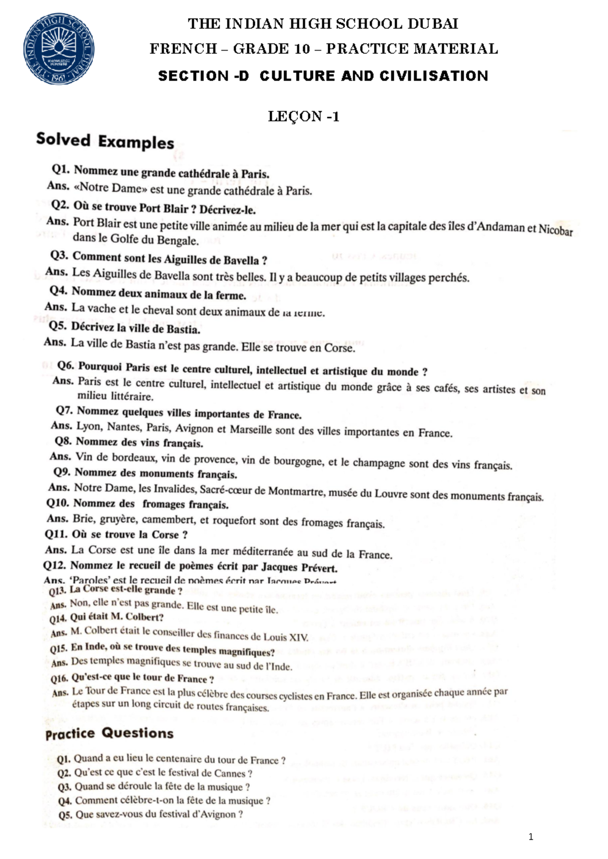 FRENCH GRADE 10 - CULTURE & CIVILIZATION LECTIONS & PRACTICE MATERIAL ...