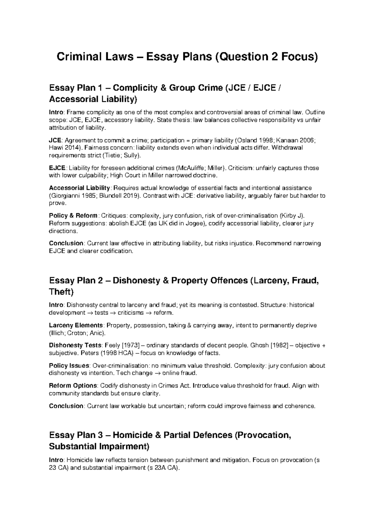 Criminal Laws Essay Plans: Complicity, Dishonesty & Homicide Defences ...