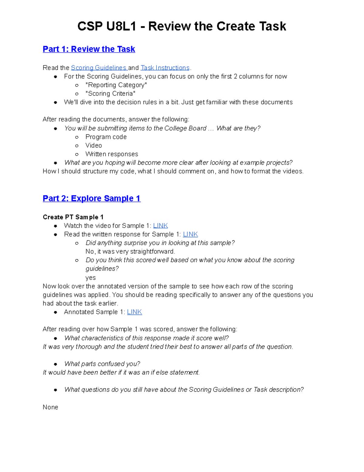 Copy of Unit 8 Lesson 1 Activity Guide - CSP U8L1 - Review the Create ...