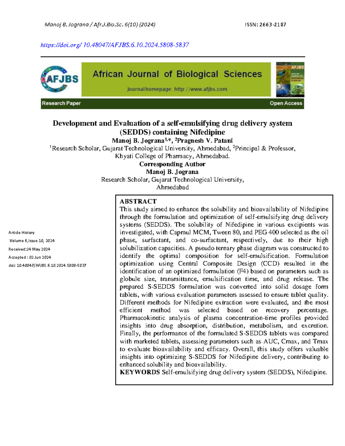 Development and Evaluation of SEDDS for Nifedipine (Afr.J.Bio.Sc. 6(10 ...