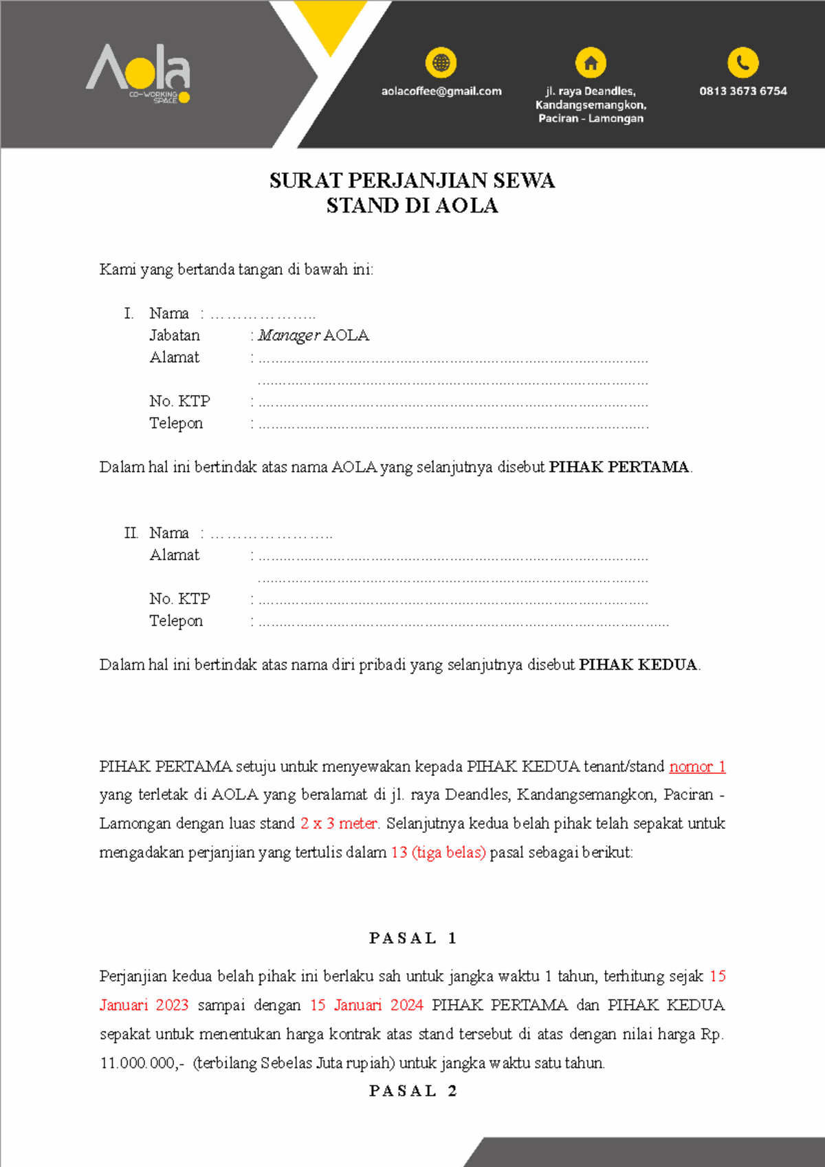 Perjanjian Sewa Tenant di AOLA untuk Tahun 2023-2024 - Studocu