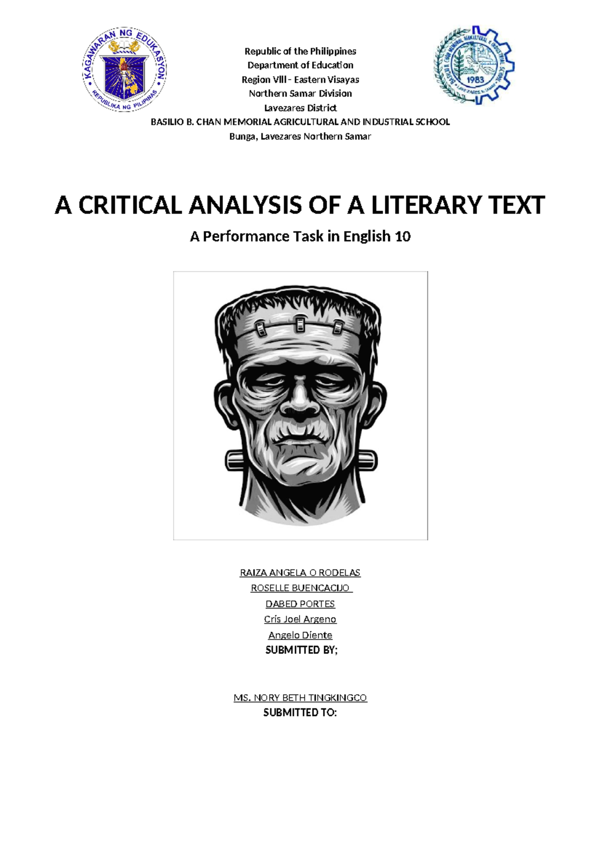 Critical Analysis of "Frankenstein" (ENG10 Performance Task) - Studocu