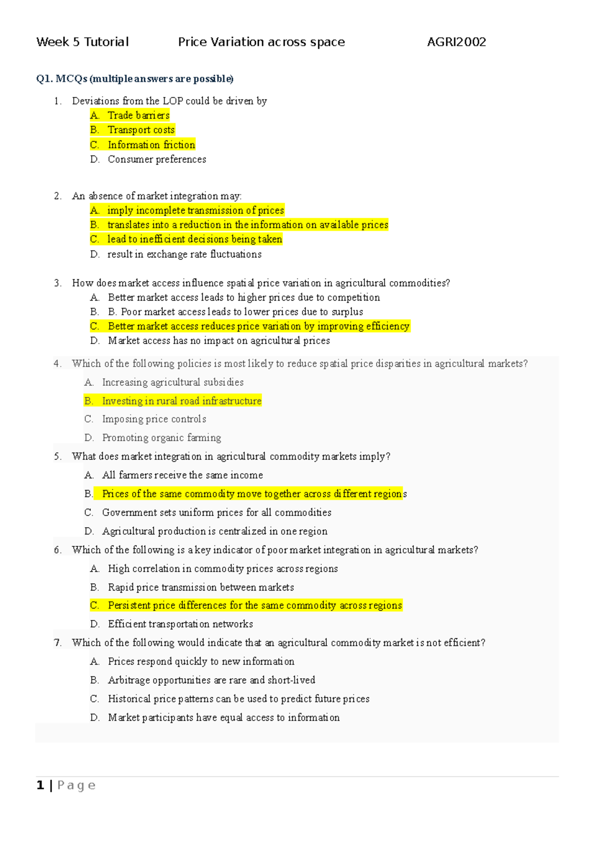 Week 5 Tutorial: Price Variation Across Space - AGRI2002 MCQs - Studocu