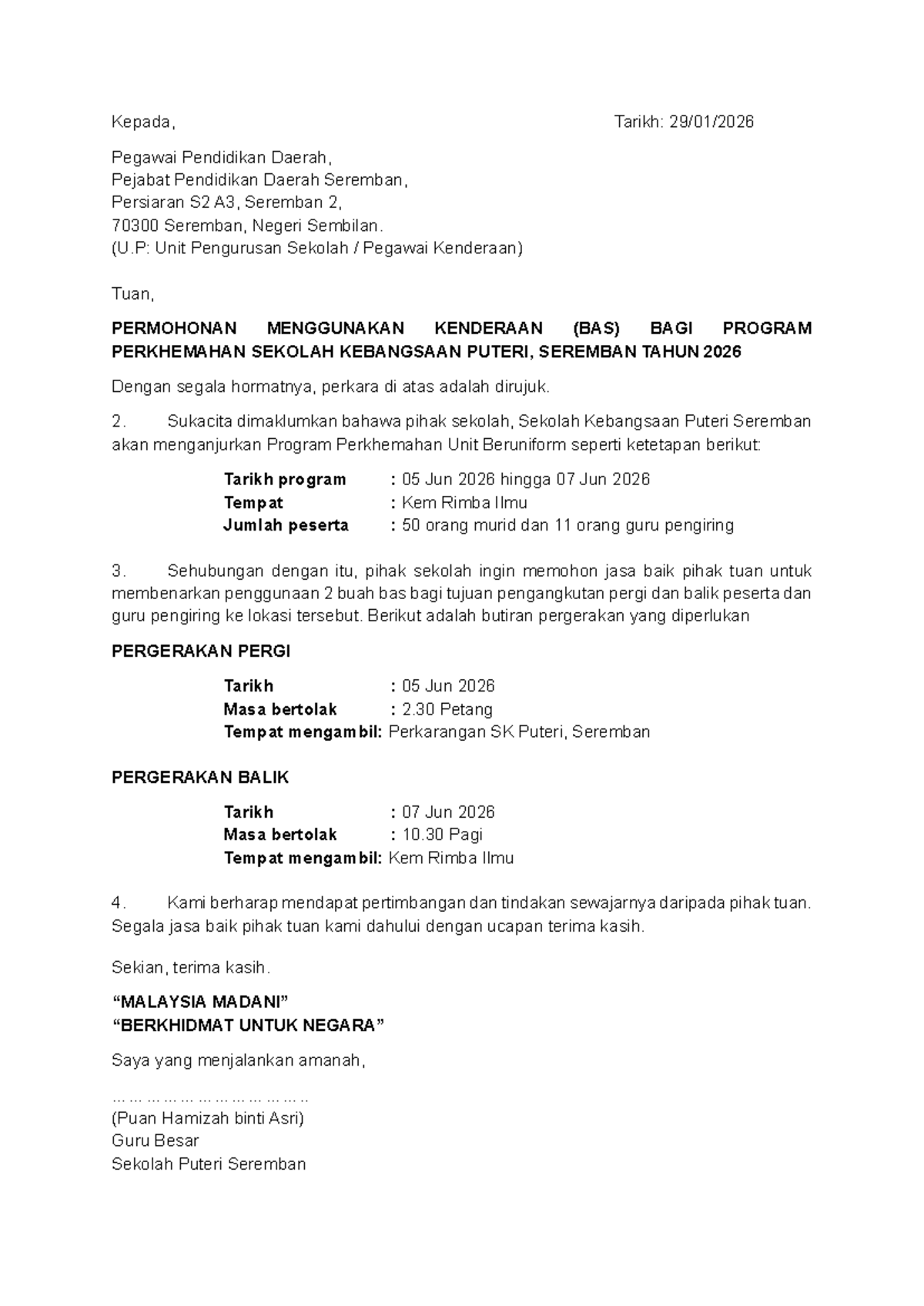 Surat Permohonan Bas PPD untuk Program Perkhemahan SK Puteri 2026 - Studocu