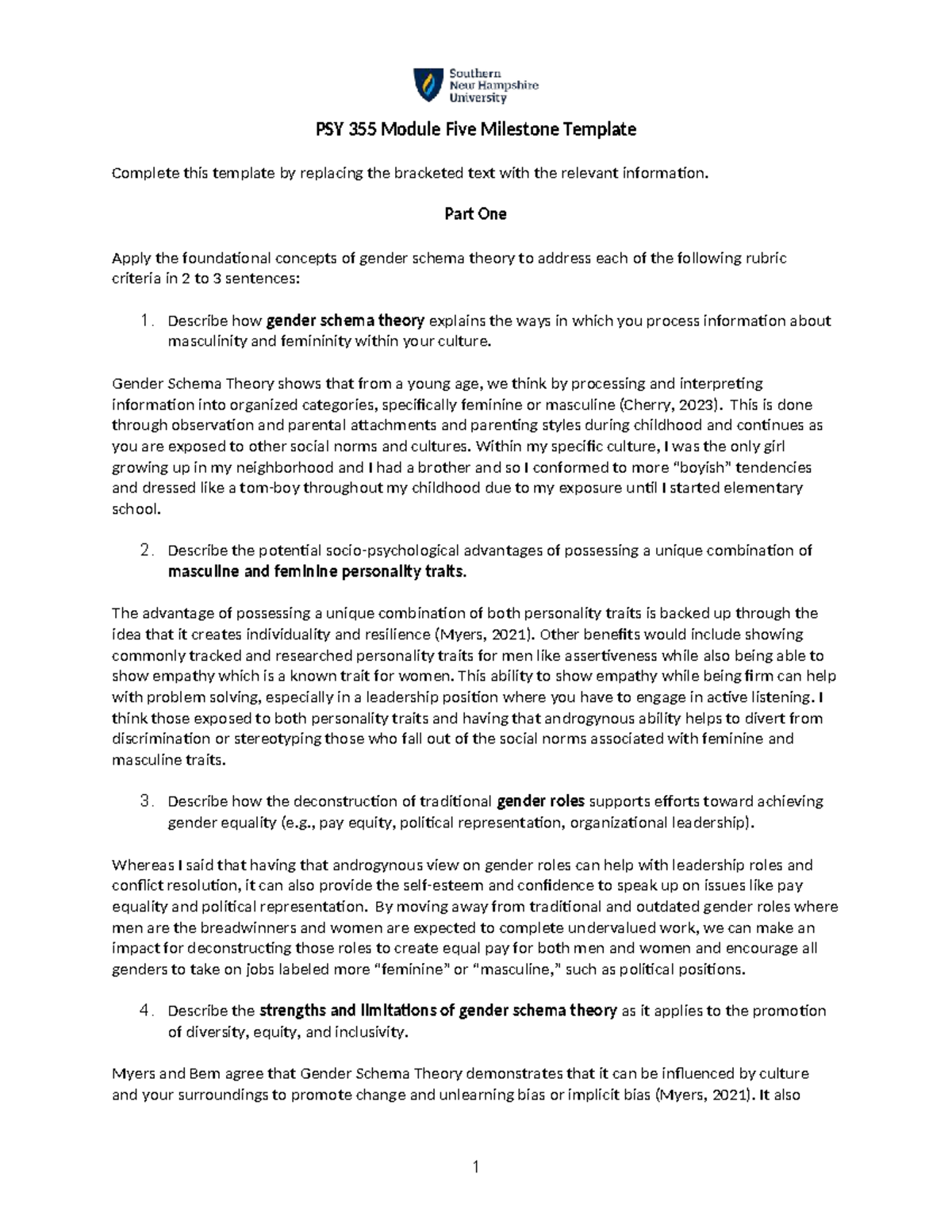 PSY 355 Gender Schema & Social Role Theory Milestone Template - Studocu