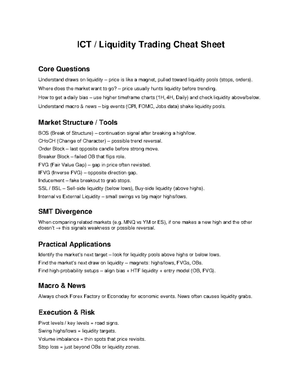 ICT Liquidity Trading Cheat Sheet: Key Concepts & Strategies - Studocu