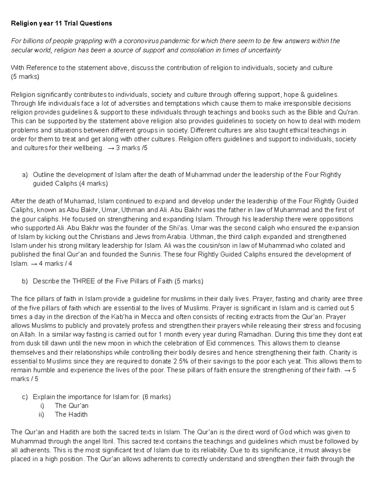 Religion Year 11 Trial Exam Questions and Key Concepts - Studocu
