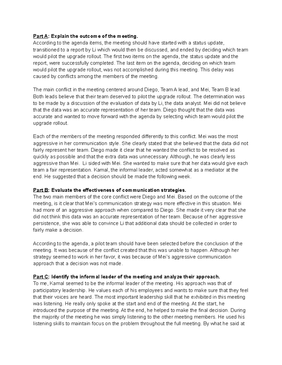 Meeting Analysis D194 TASK TWO - Part A: Explain the outcome of the ...
