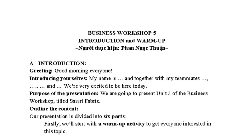 BUSINESS WORKSHOP 5: INTRODUCTION TO SMART FABRIC - Studocu