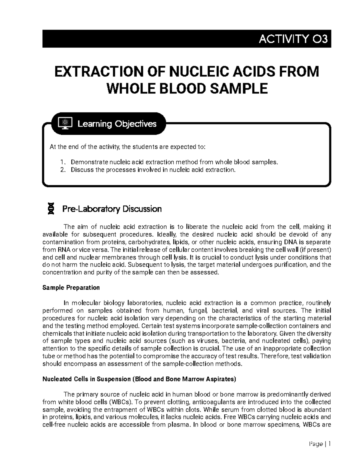 Activity 03 Extraction of Nucleic Acids from Whole Blood Sample ...