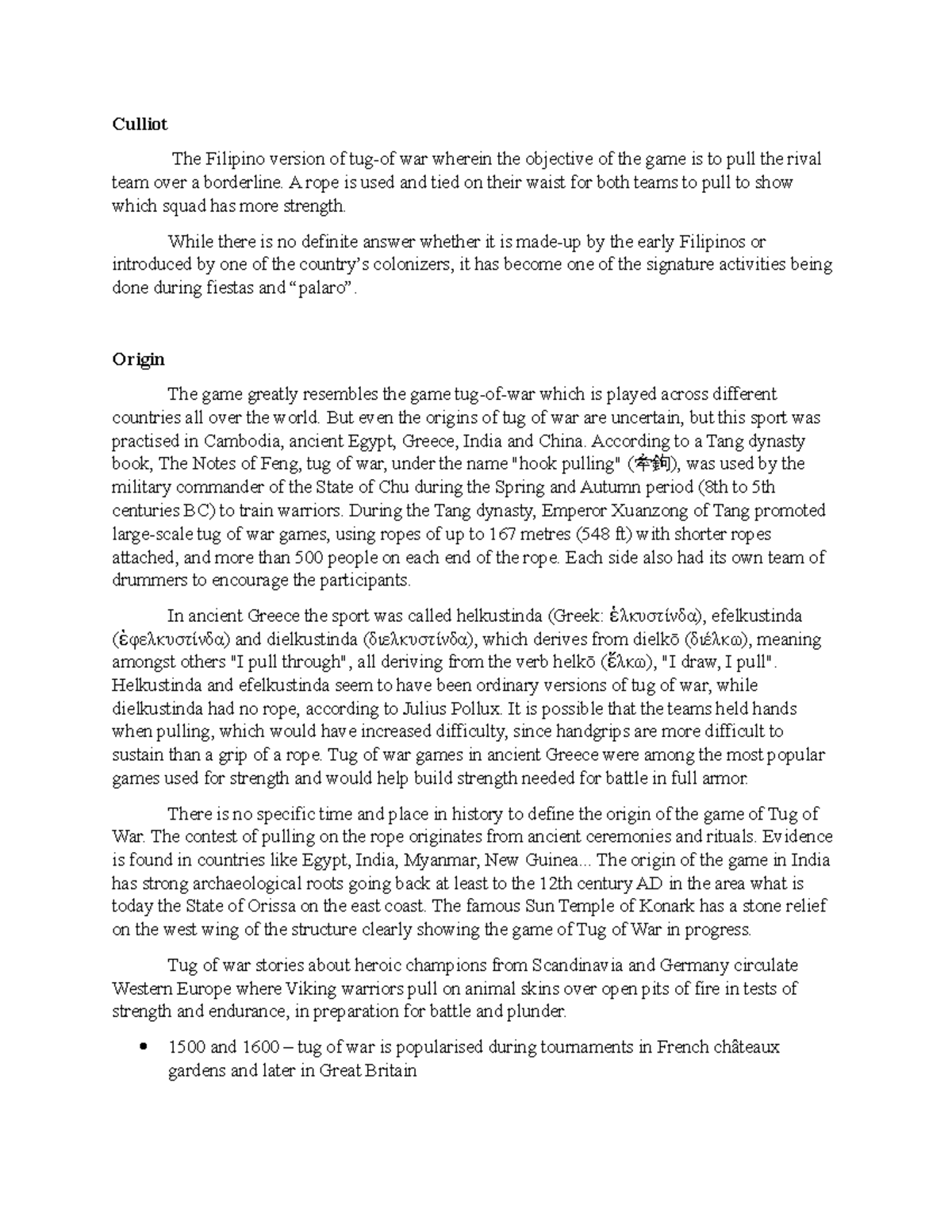 Culliot - Understanding the Filipino Tug of War Tradition - Studocu