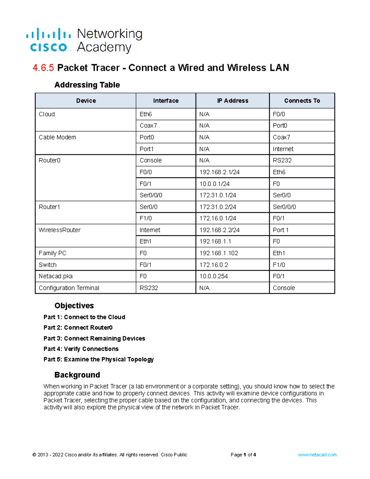 04.6.5 Packet Tracer - Connect a Wired and Wireless LAN - 4.6 Packet Tracer - Connect a Wired ...