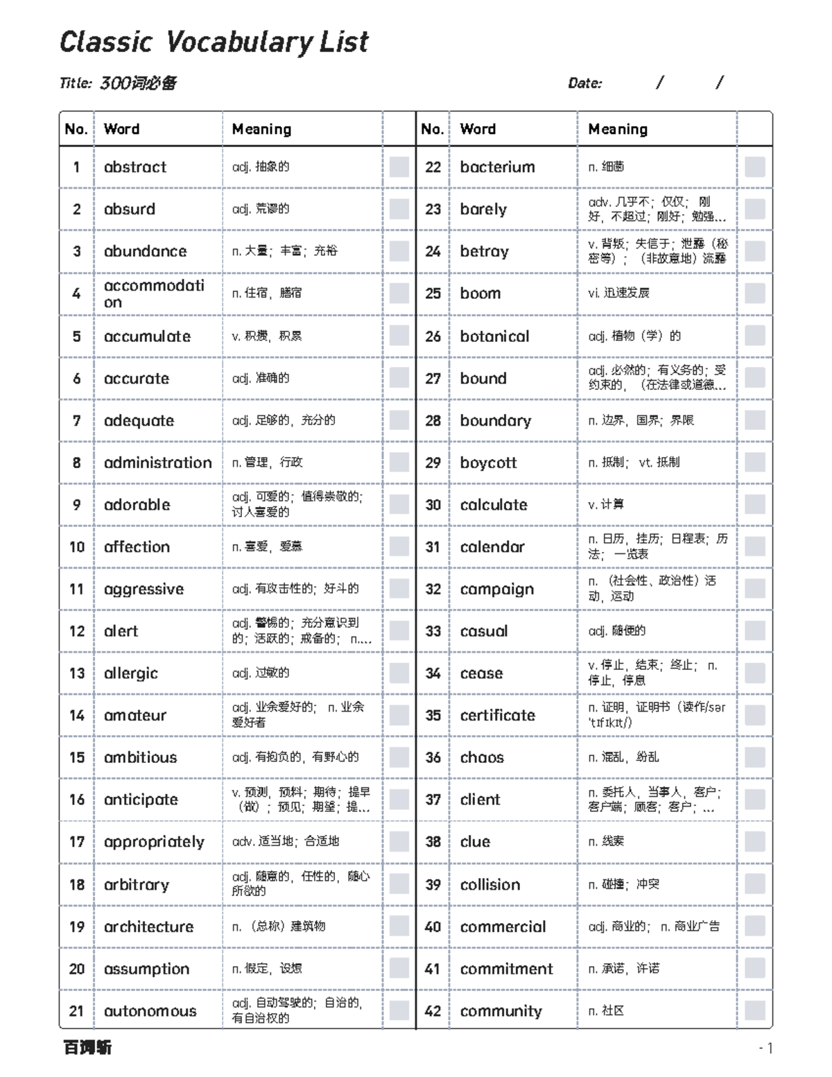 300词必备: Essential Vocabulary List for Mastery - Studocu