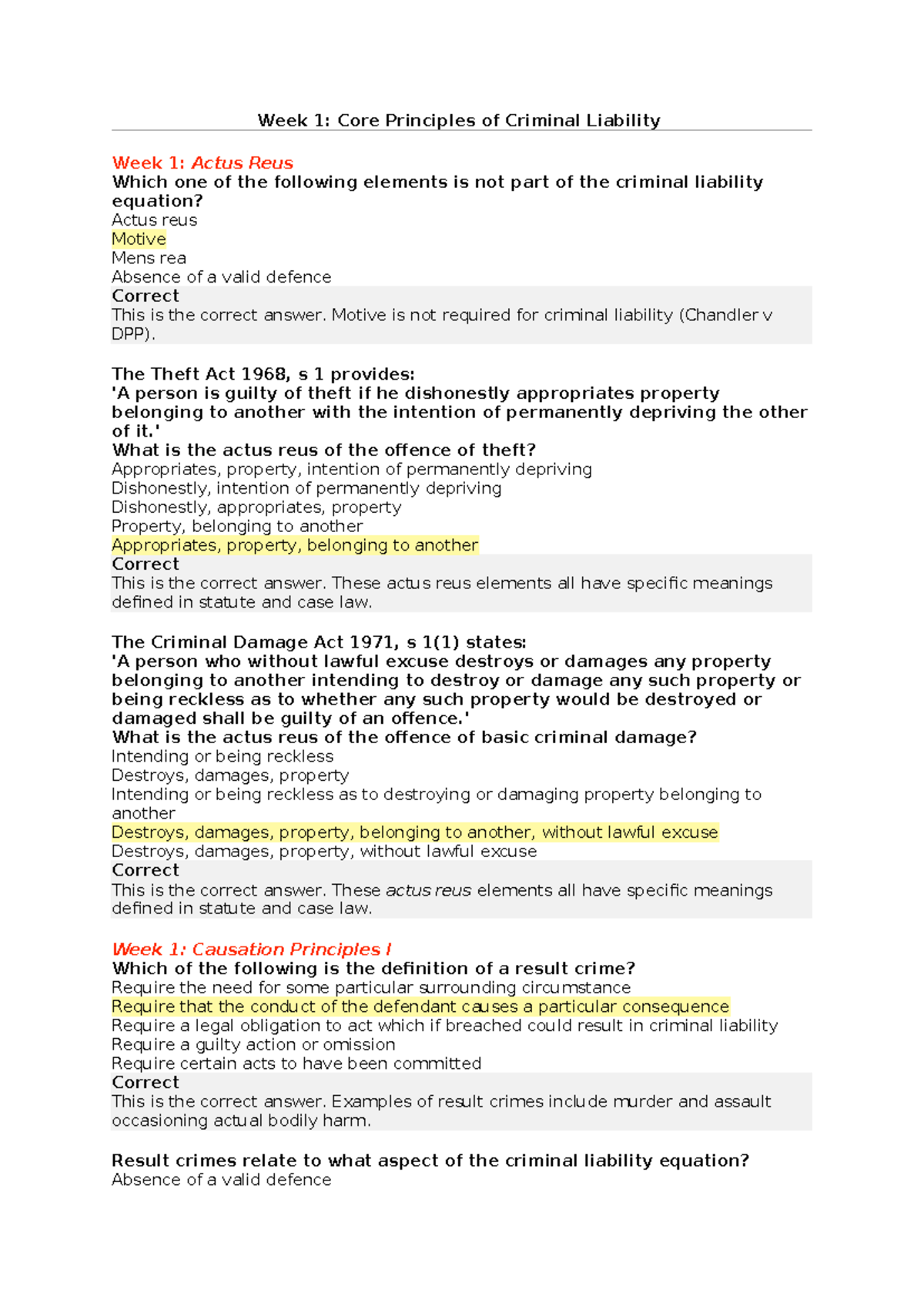 Week 1-6: Comprehensive Criminal Law MCQs and Key Principles - Studocu