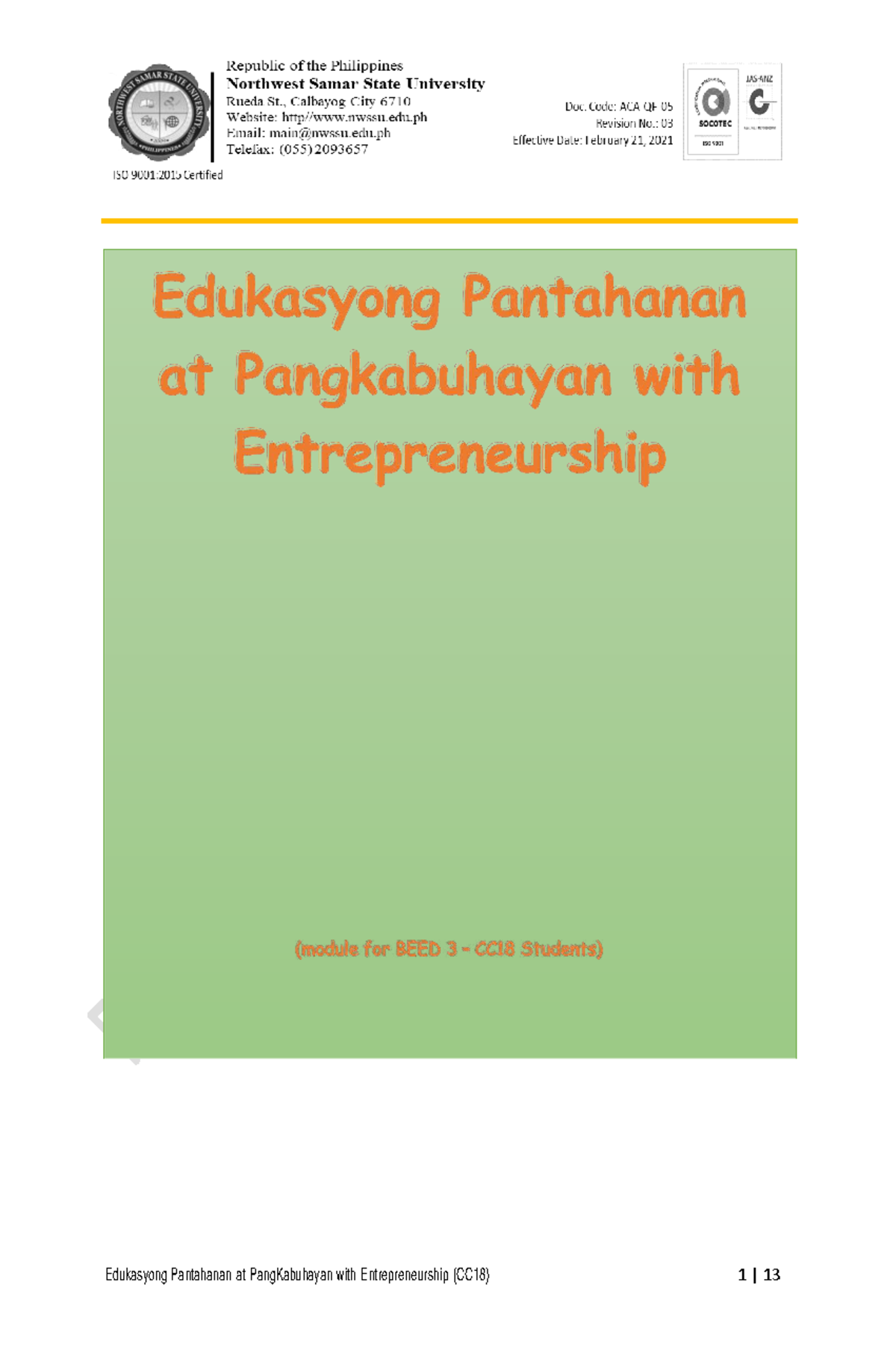 Edukasyong Pantahanan at Pangkabuhayan (CC18) Module 1 Overview - Studocu